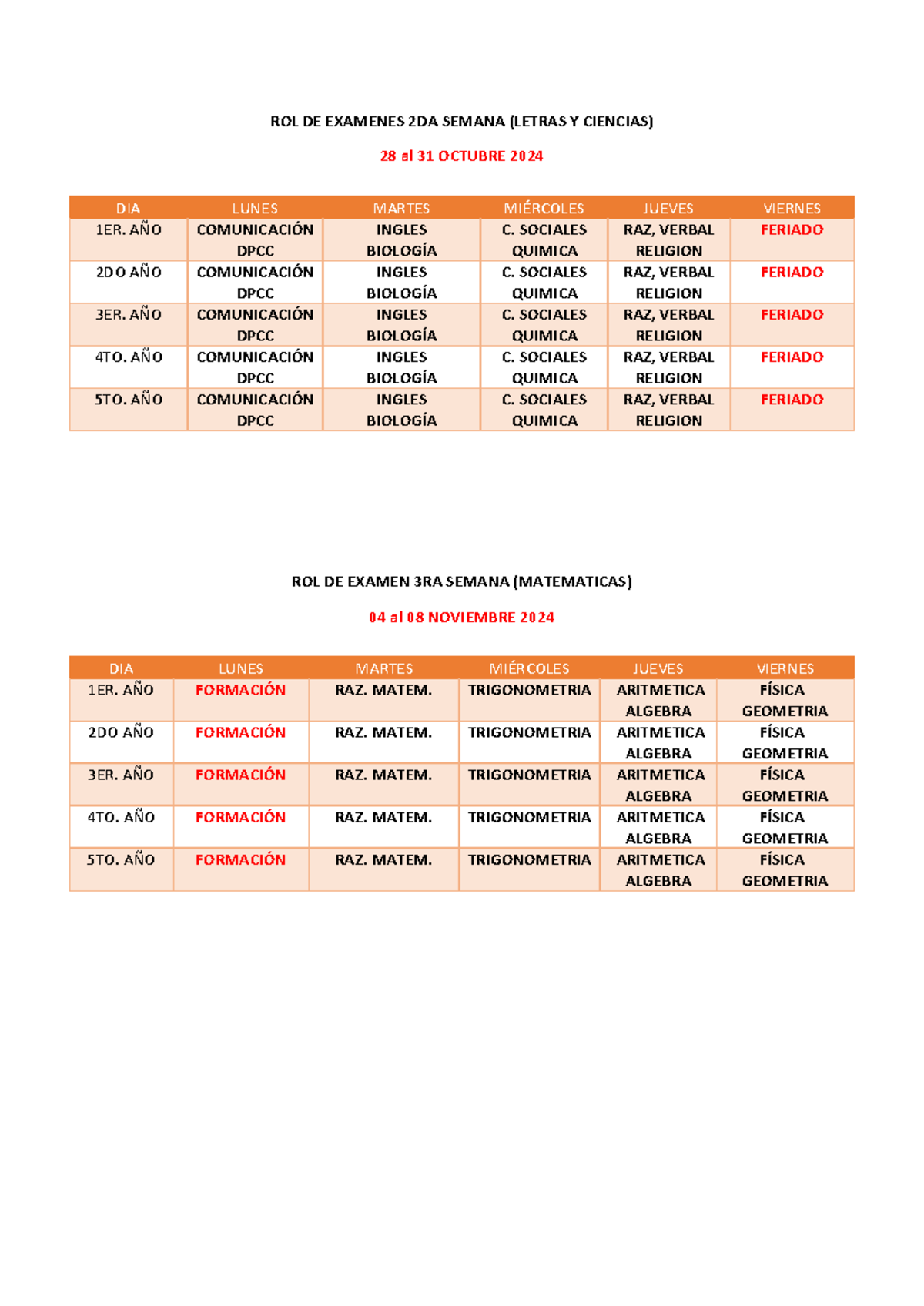 ROL DE Examenes Semanales - ROL DE EXAMENES 2DA SEMANA (LETRAS Y ...