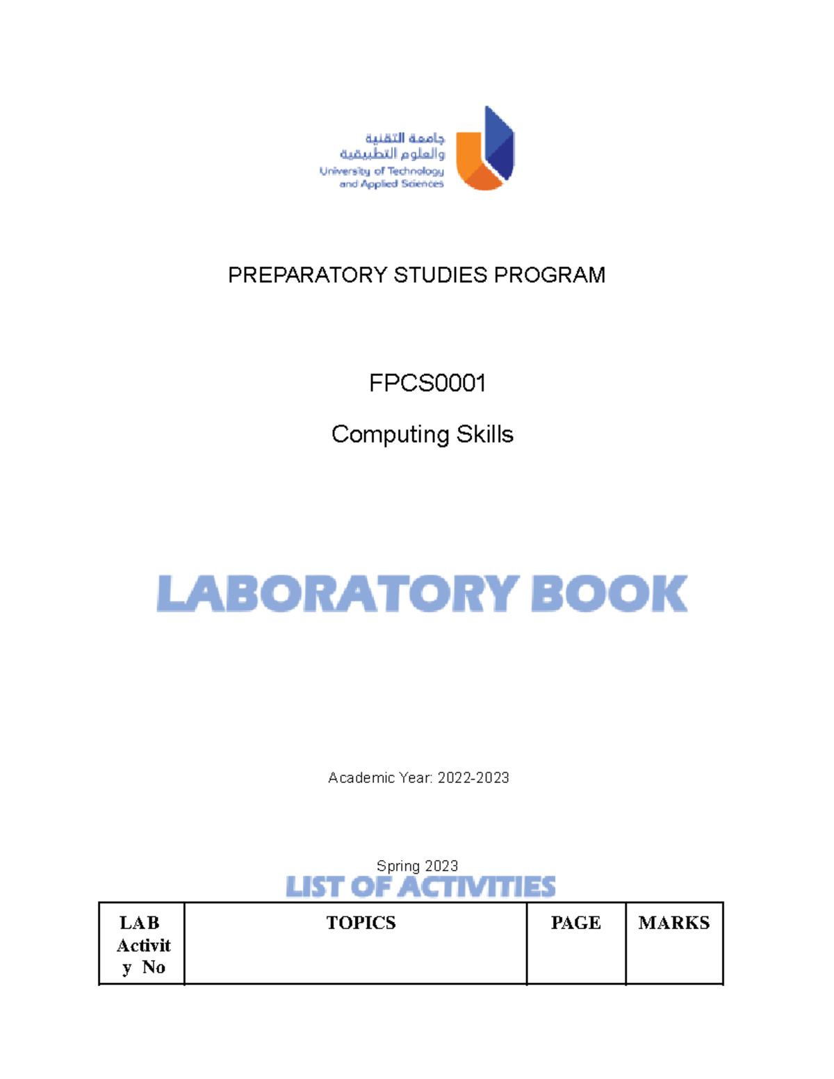 FPCS0001 Lab Book - PREPARATORY STUDIES PROGRAM FPCS Computing Skills ...