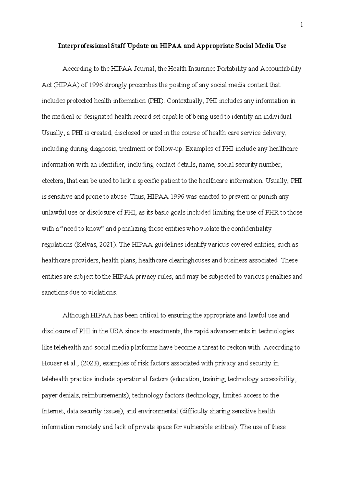 A2 Hipaar - Assessment 2 - Interprofessional Staff Update on HIPAA and ...