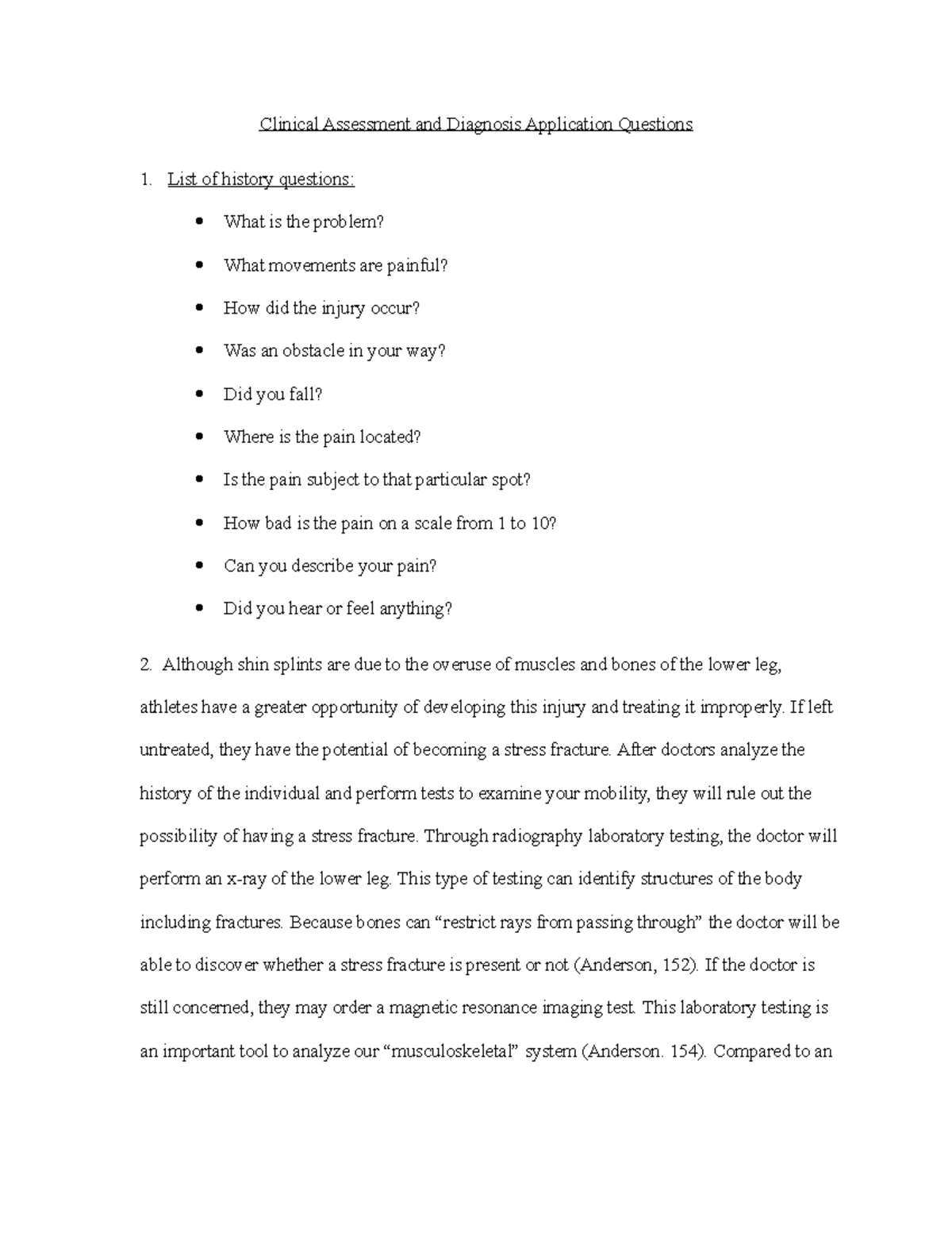 Clinical Assessment and Diagnosis Application Questions (Prevent-care ...