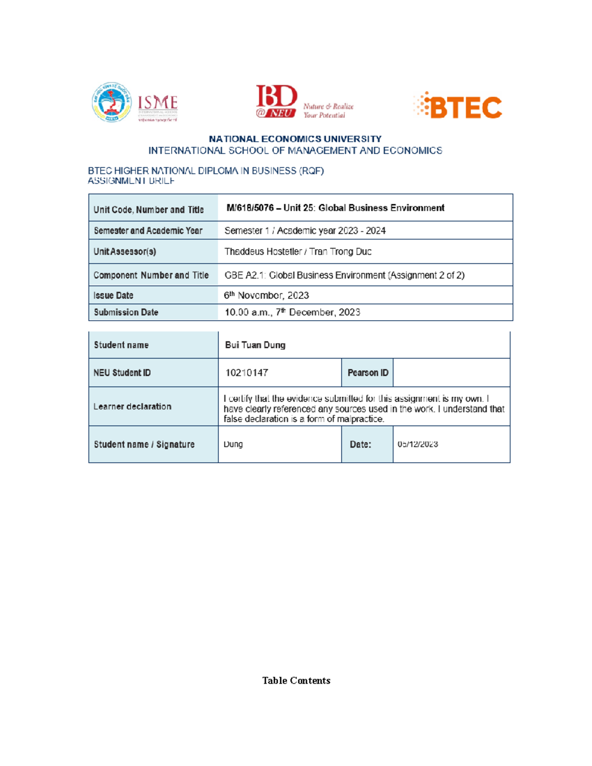 10210147 GBE A2 - Table Contents - Studocu