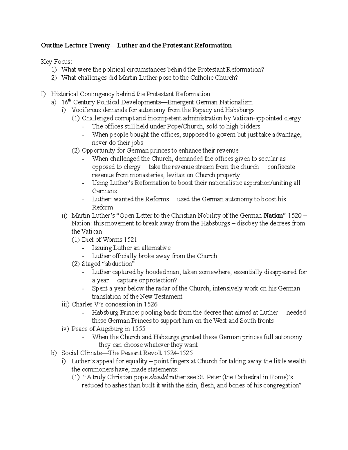 Outline Lecture Twenty—Luther and the Protestant Reformation - Outline ...