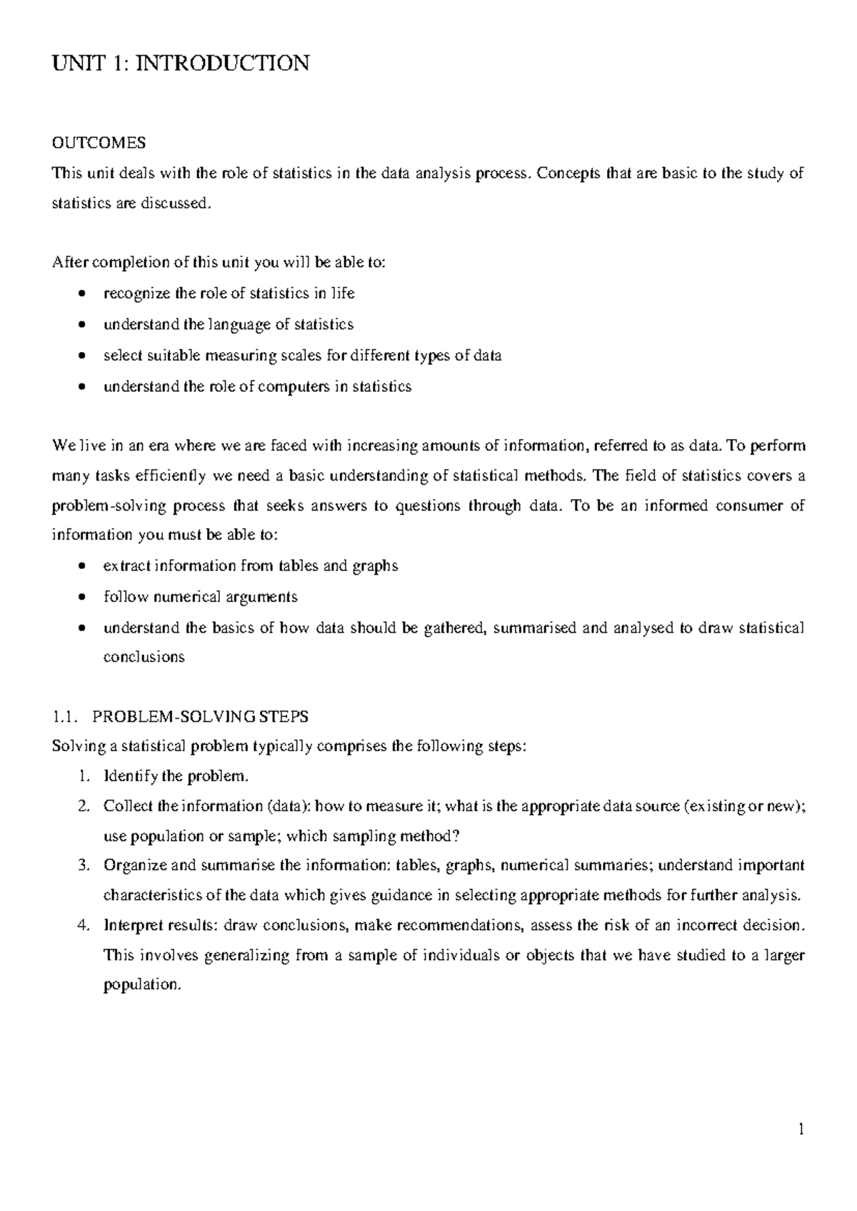 Statistics Lecture notes UNIT 1 - UNIT 1: INTRODUCTION OUTCOMES This ...
