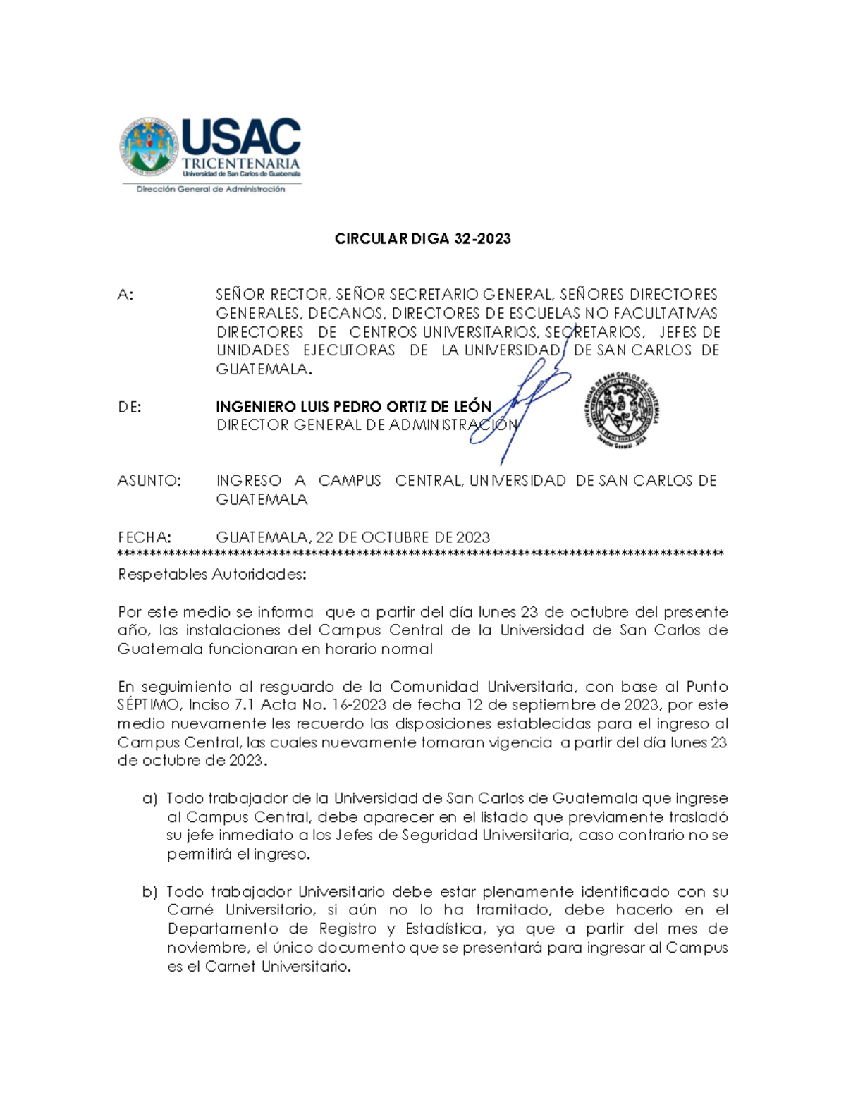 Circular 32 - eee - CIRCULAR DIGA 32- 2023 A: SEÑOR RECTOR, SEÑOR SECRETARIO GENERAL, SEÑORES ...