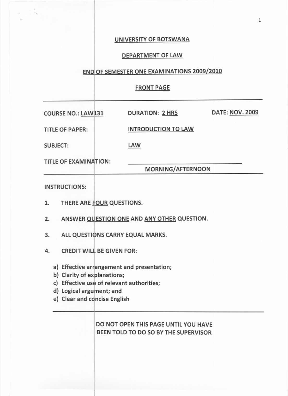 November 2009 - This is a past exam paper for Law 131, intro to law ...