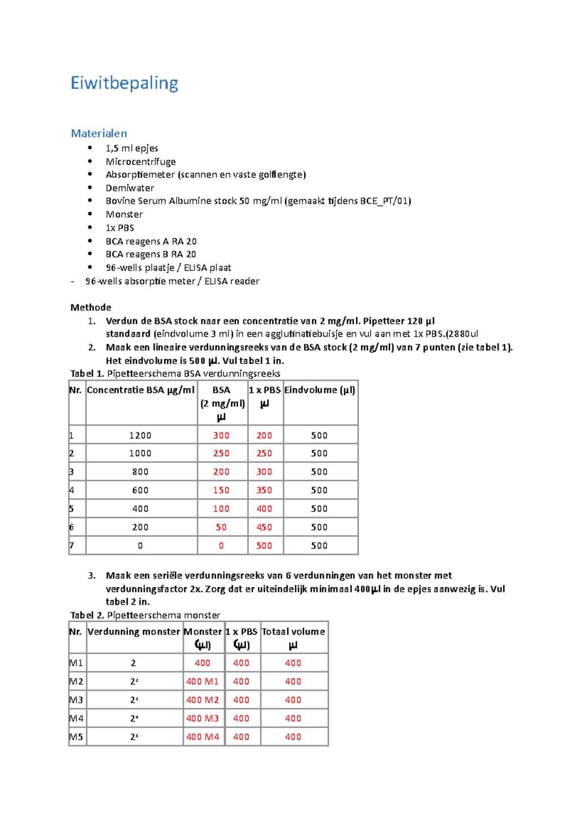 BCE ASS:01 - labjournaal BCO Assesment - Eiwitbepaling Materialen 1,5 ...
