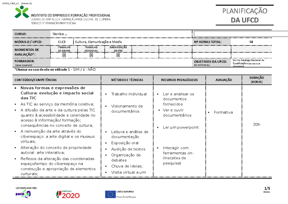 Planificacao UFCD CLC5 - PLANIFICAÇÃO DA UFCD CURSO: Técnico ... MÓDULO ...