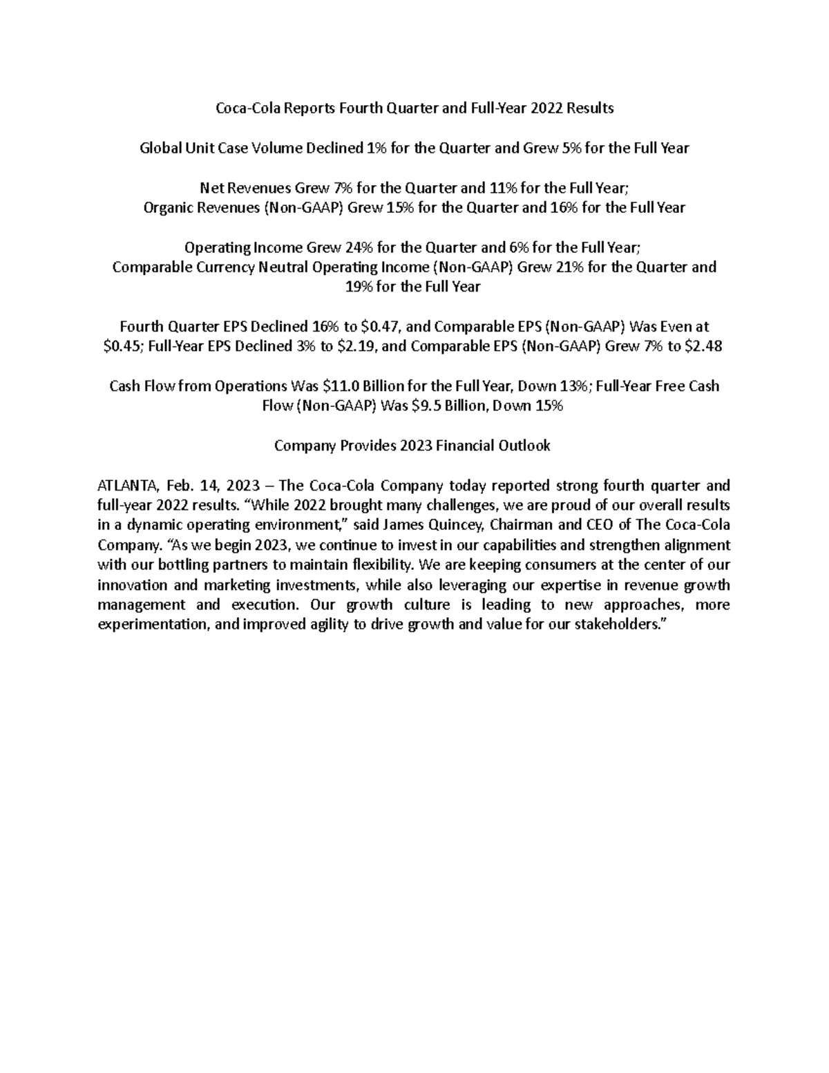 Coca Cola FS report - notes - Coca-Cola Reports Fourth Quarter and Full ...