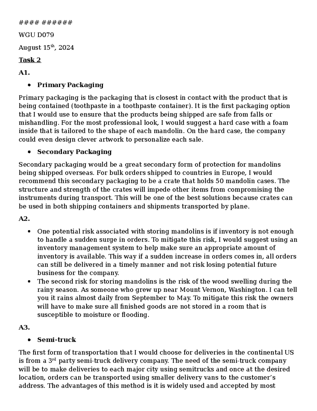 D079 Task 2 Final Draft Studocu - #### WGU D August 15th, 2024 Task 2 ...