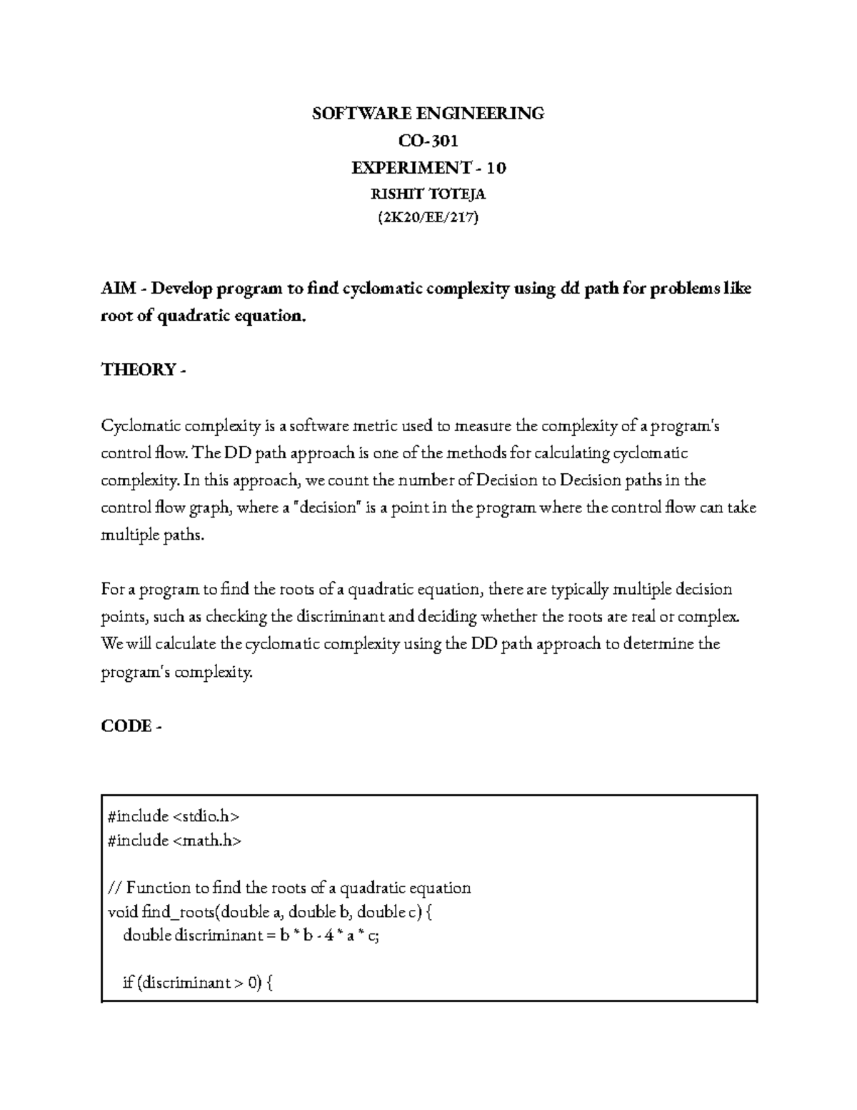 Experiment 10 Software Engineering Rishit Toteja 2K20 EE 217 - SOFTWARE ENGINEERING CO ...