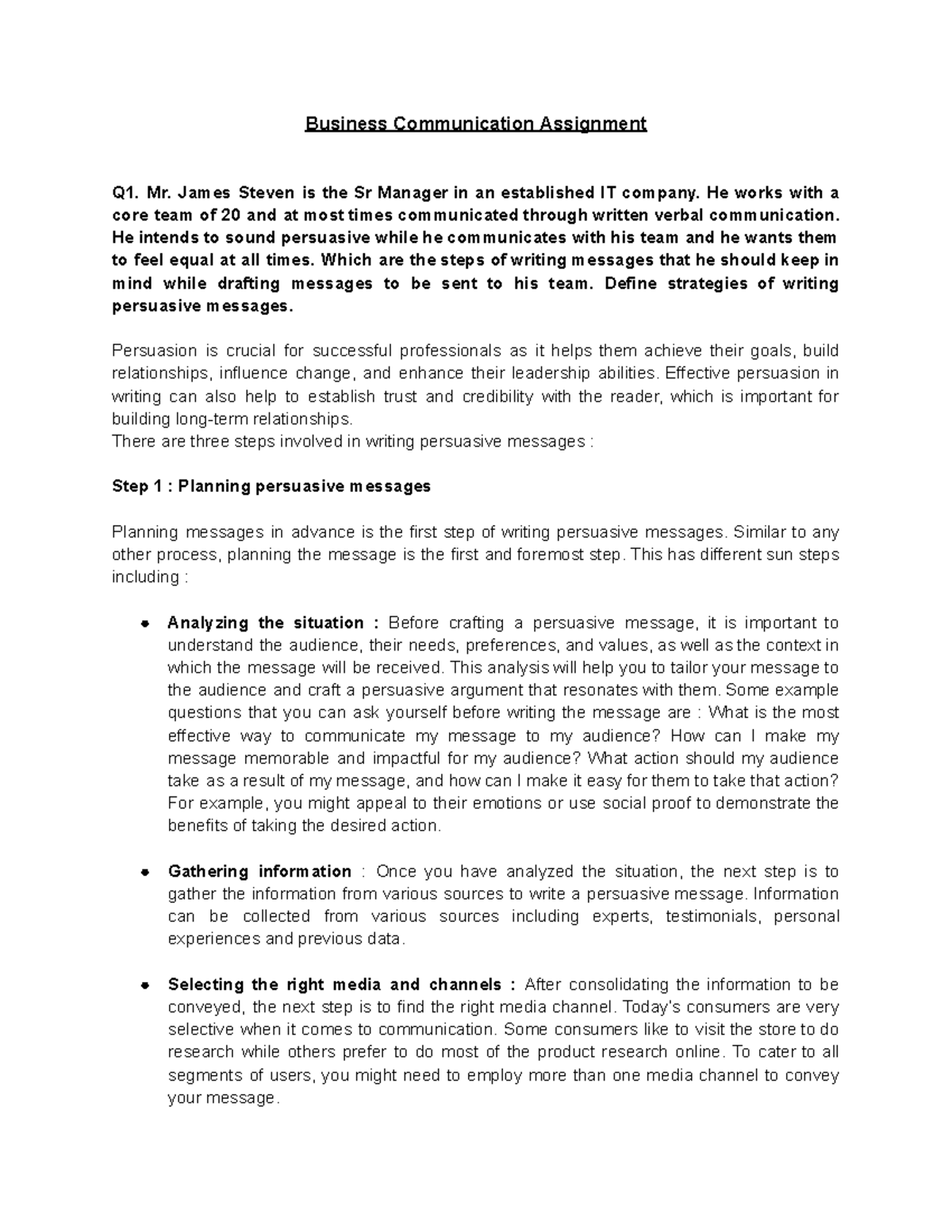 Business Communication Assignment - Mr. James Steven is the Sr Manager ...
