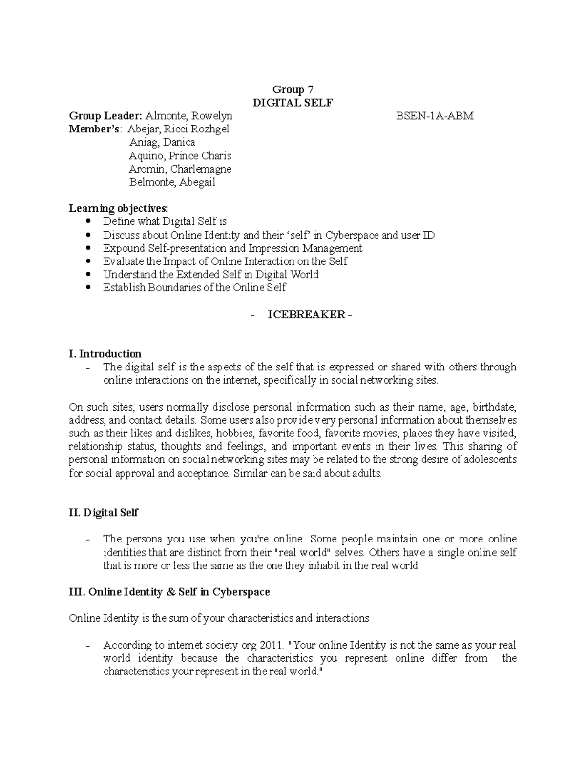 Written-Report-Digital-Self-Group-7 1 - Group 7 DIGITAL SELF Group ...