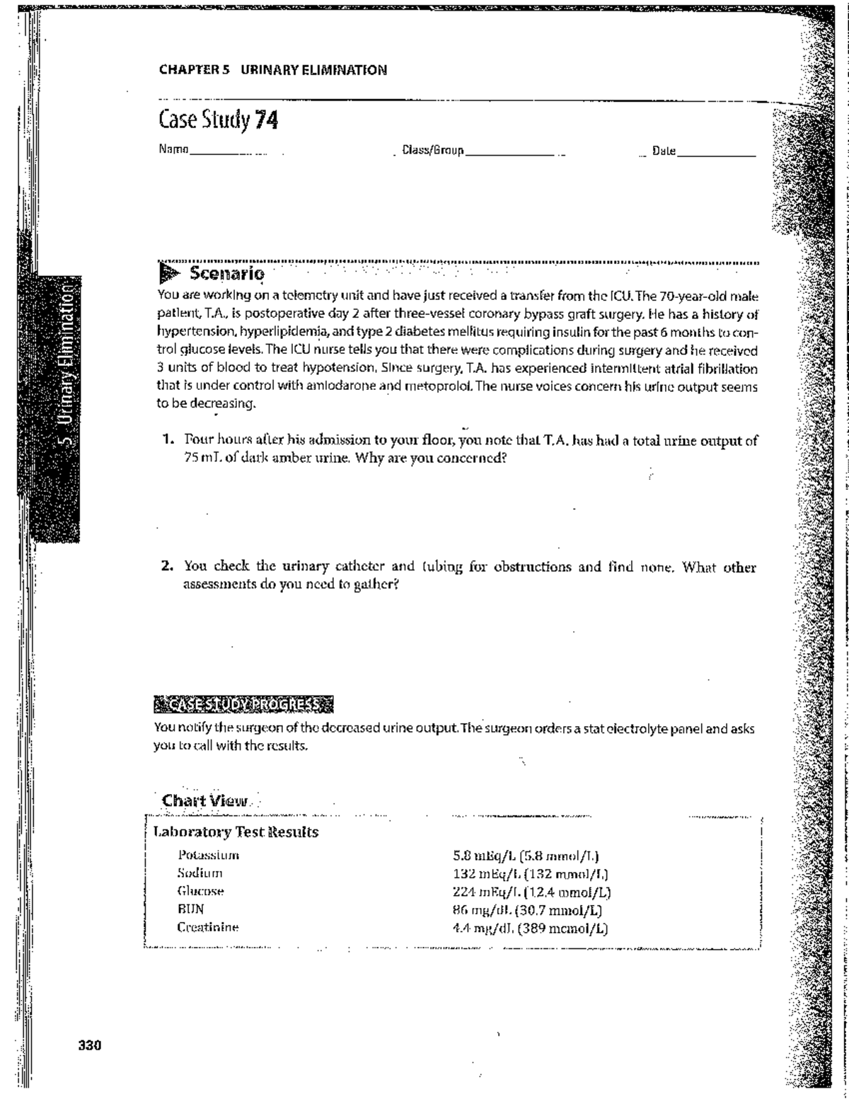 GIGU-Case Study - CHAPTER 5 URINARY ELIMINATION Case Study 74 Name Date ...