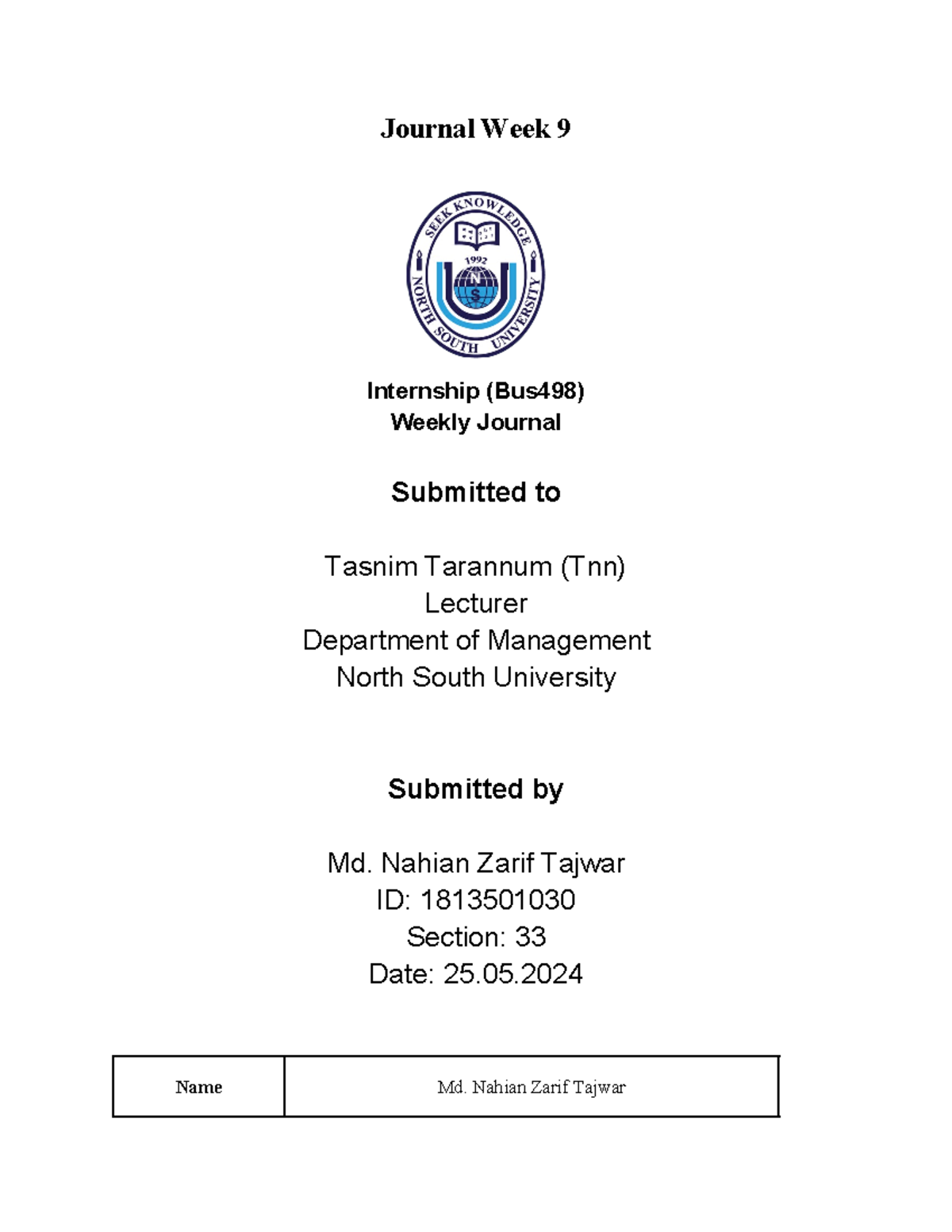 Journal Week 9 - Internship - Nahian Zarif Tajwar ID: 1813501030 ...