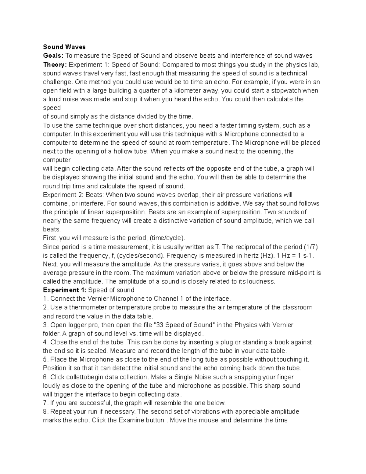 Sound waves lab - Sound Waves Goals: To measure the Speed of Sound and ...