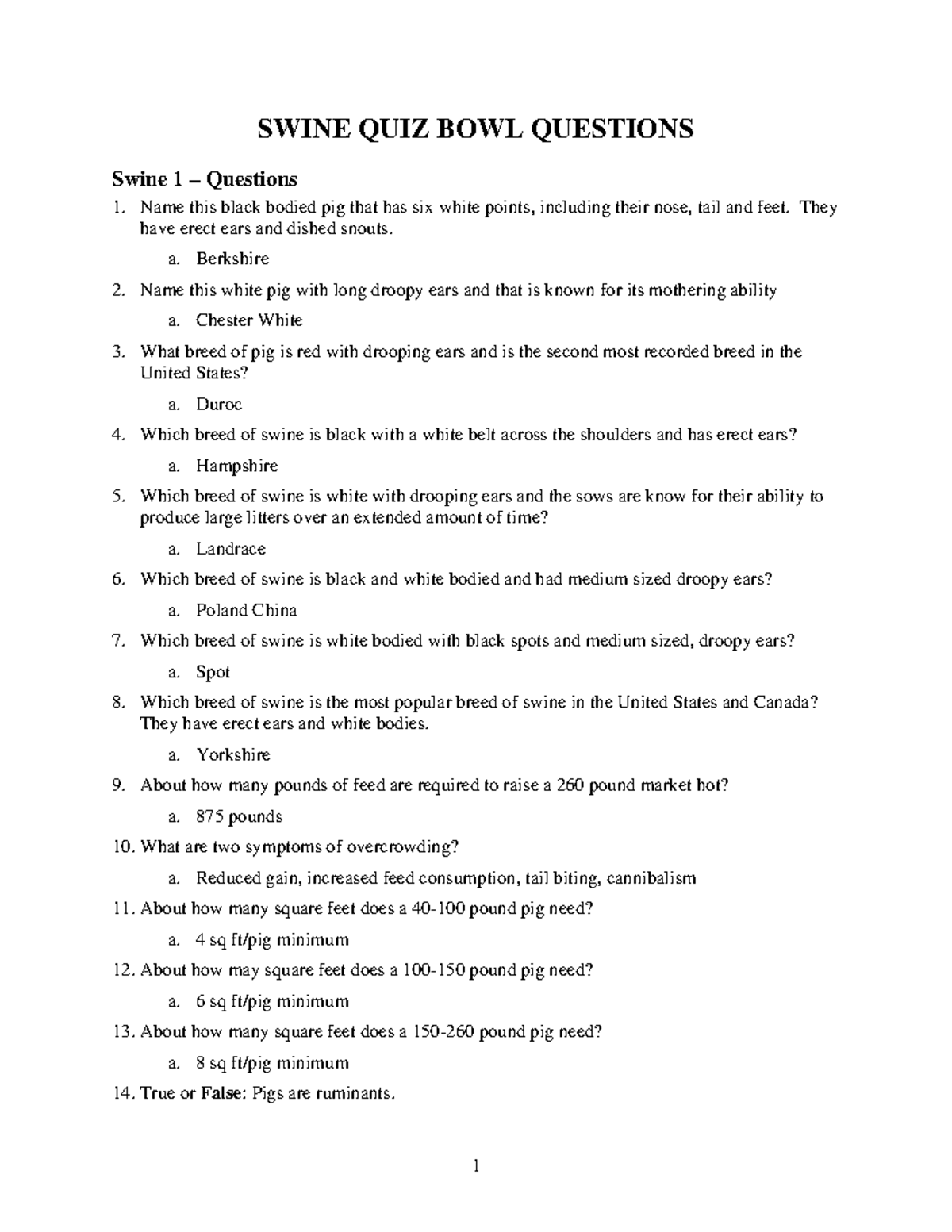 Swine Quiz Bowl Questions SWINE QUIZ BOWL QUESTIONS Swine 1