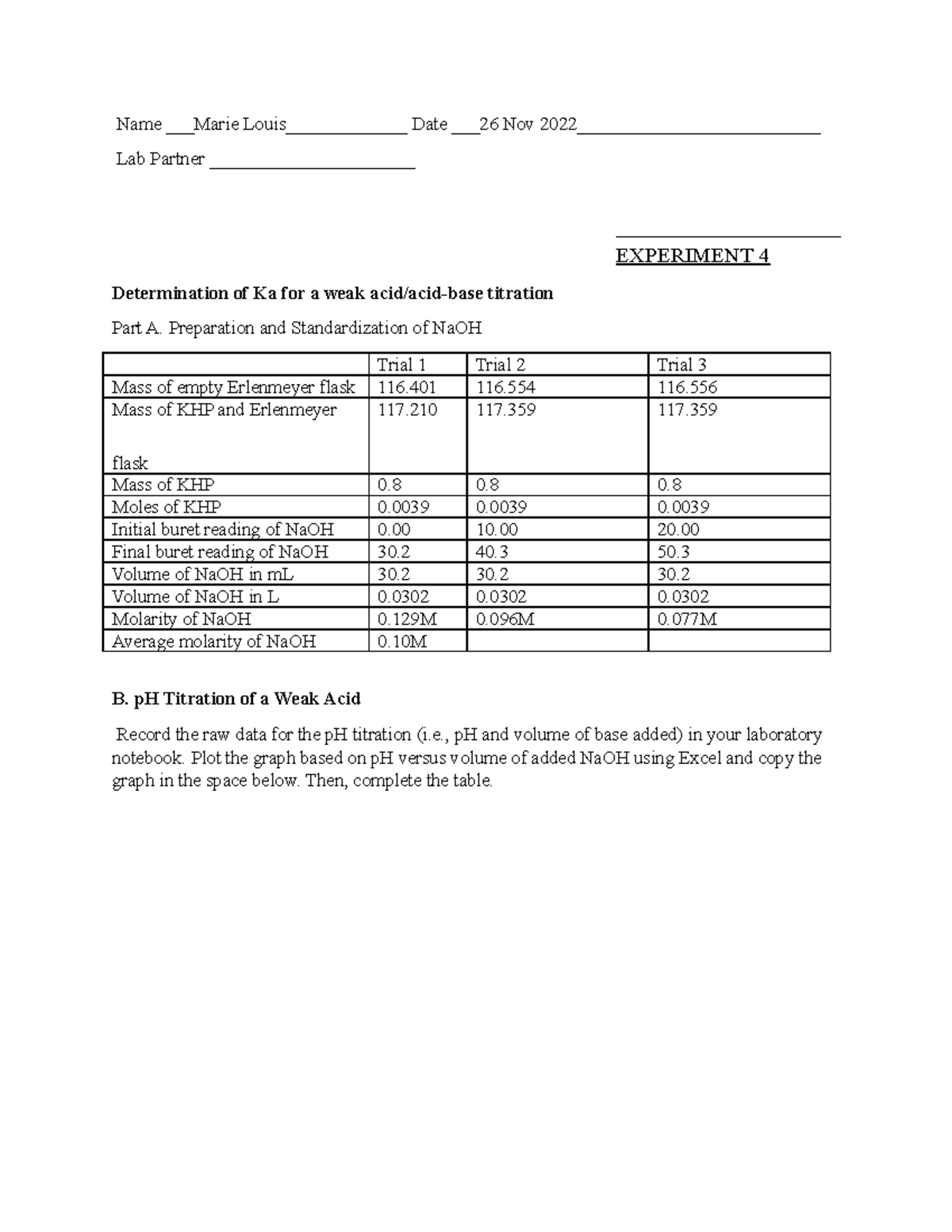 Experiment 4 data sheet - Name Marie Louis__________ Date 26 Nov 2022
