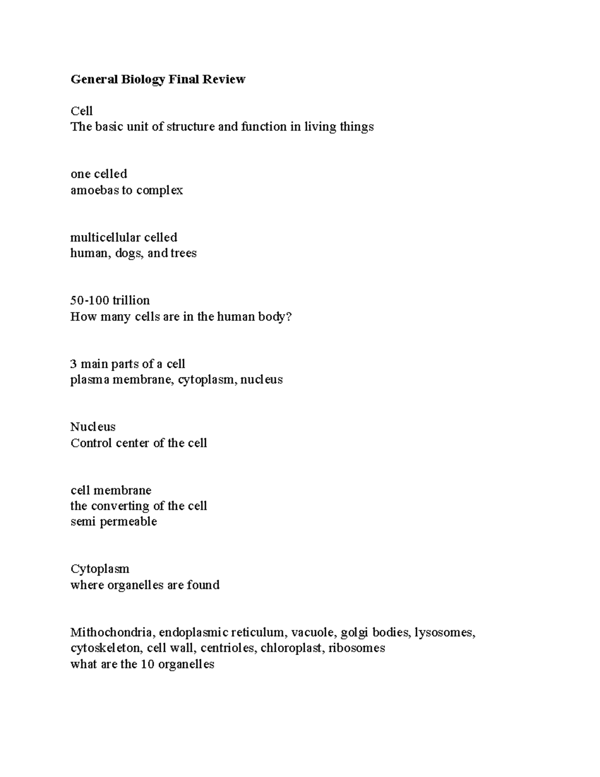 General Biology Final Review - General Biology Final Review Cell The ...