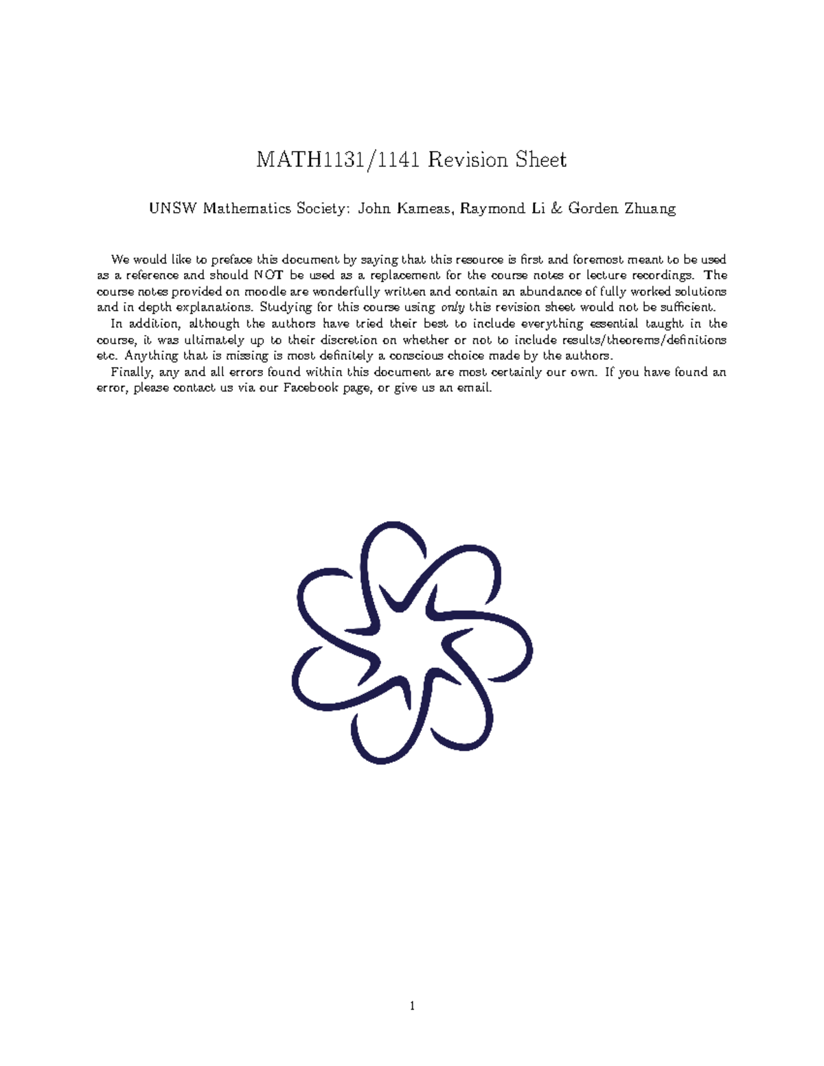 Essential Formulas and Theorems - MATH1131/1141 Revision Sheet UNSW ...