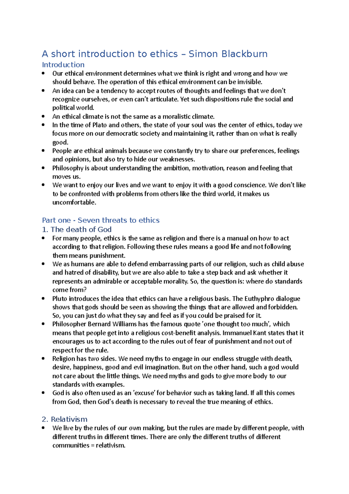 A short introduction to Ethics - Simon Blackburn Summary - A short ...