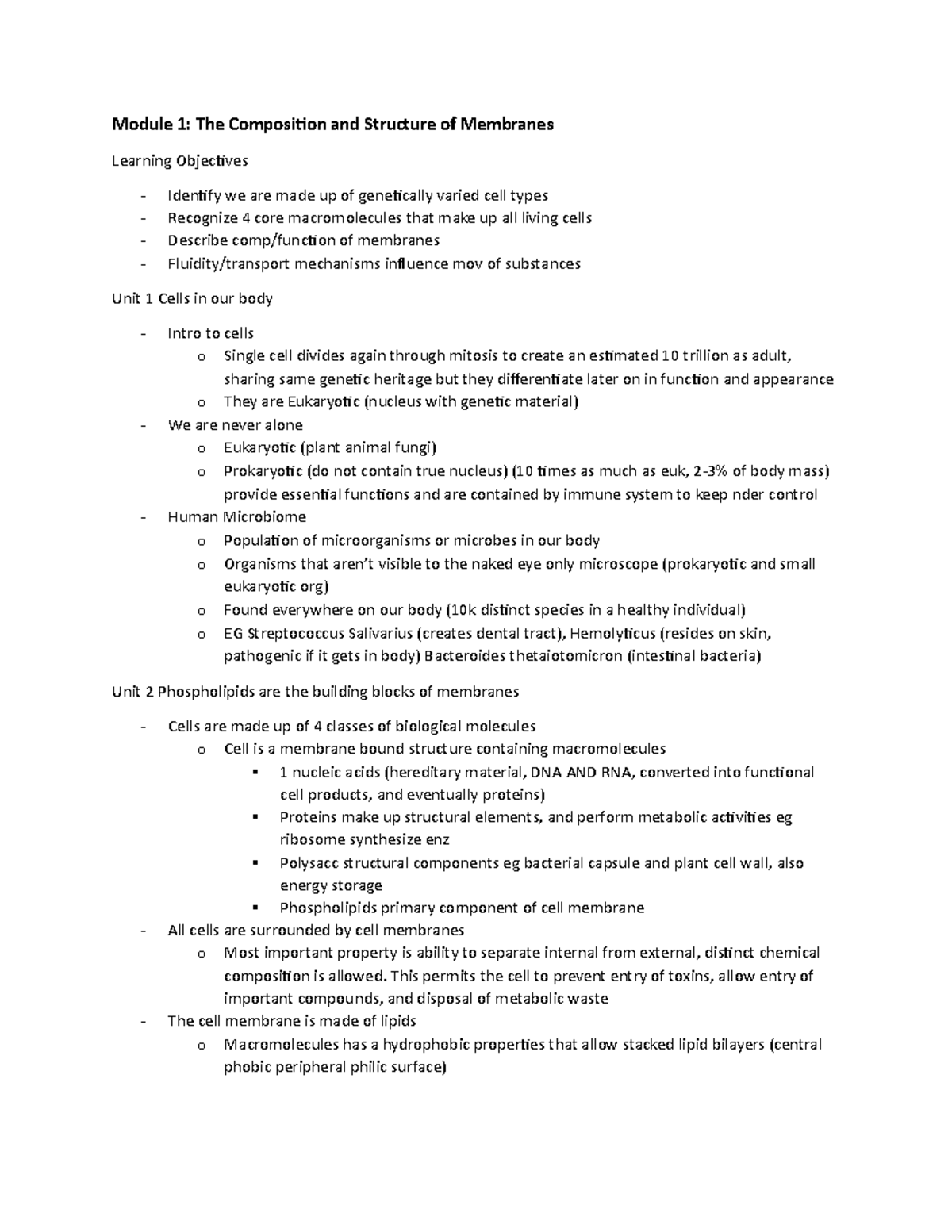 Biology Module 1 Notes - Module 1: The Composition and Structure of ...
