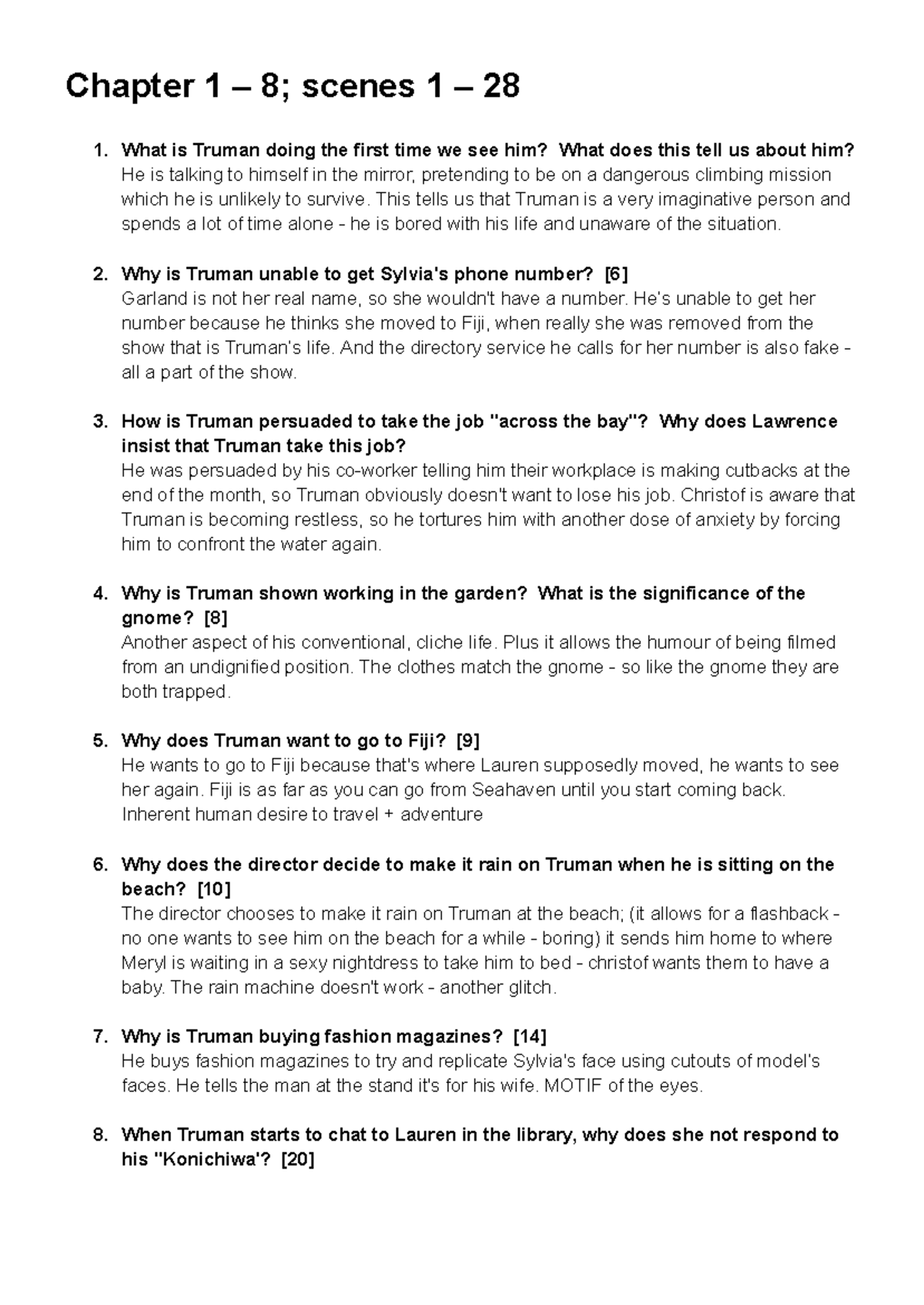 Truman Questions - Chapter 1 – 8; scenes 1 – 28 What is Truman doing ...
