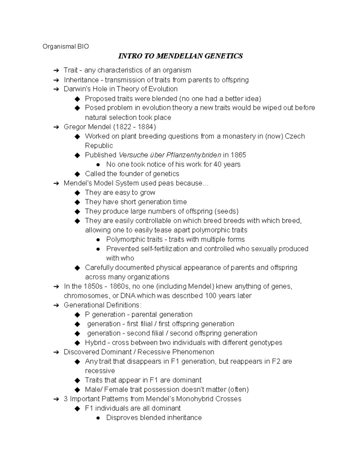 Intro to Mendelian Genetics - Organismal BIO INTRO TO MENDELIAN ...