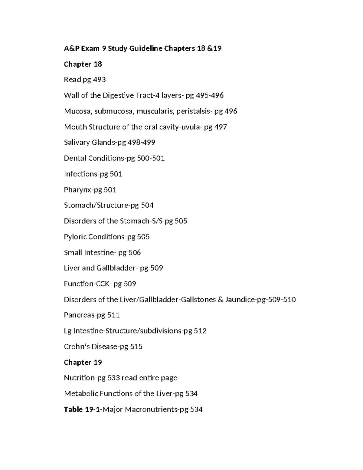 Exam 9 Study Guide Ch 18 &19 - Nutrition-pg 533 read entire page A&P ...