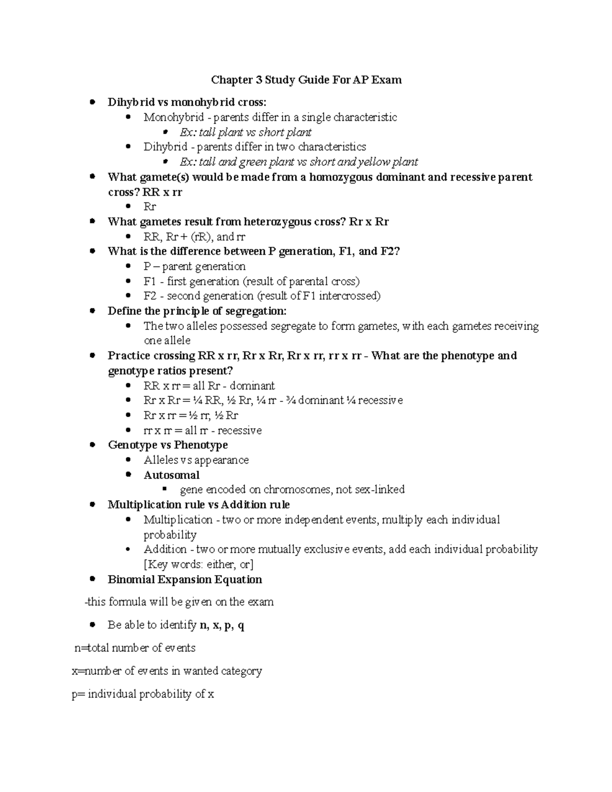 Chapter 3 Study Guide - Chapter 3 Study Guide For AP Exam Dihybrid vs monohybrid cross: - Studocu