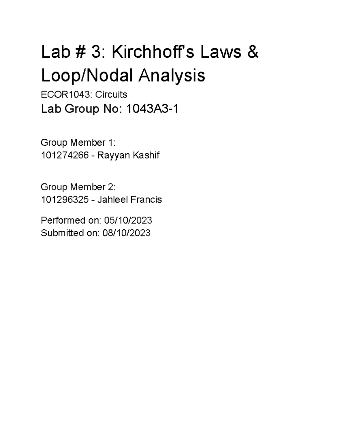 ECOR-1043 A3 Lab #3 - Computation and programming lab #3 - Lab # 3: Kirchhoff's Laws & - Studocu