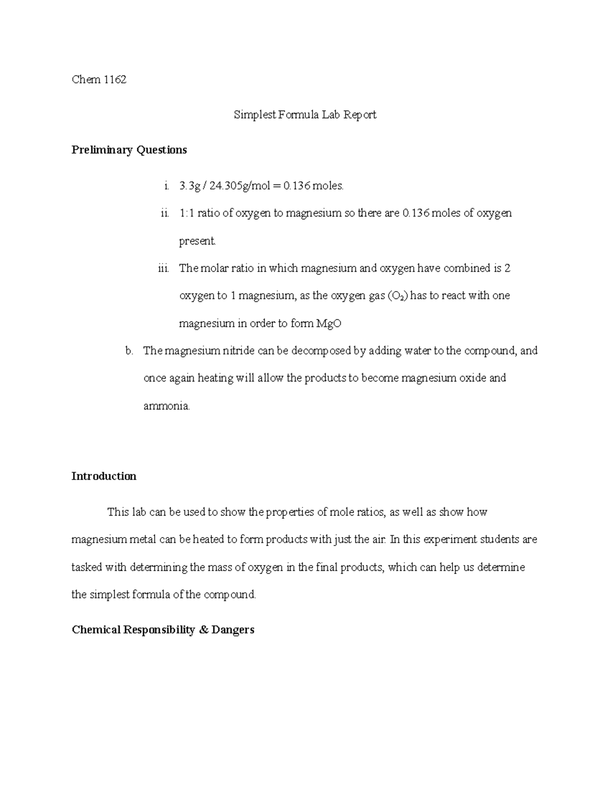 Simplest Formula Lab Report - Chem 1162 Simplest Formula Lab Report ...