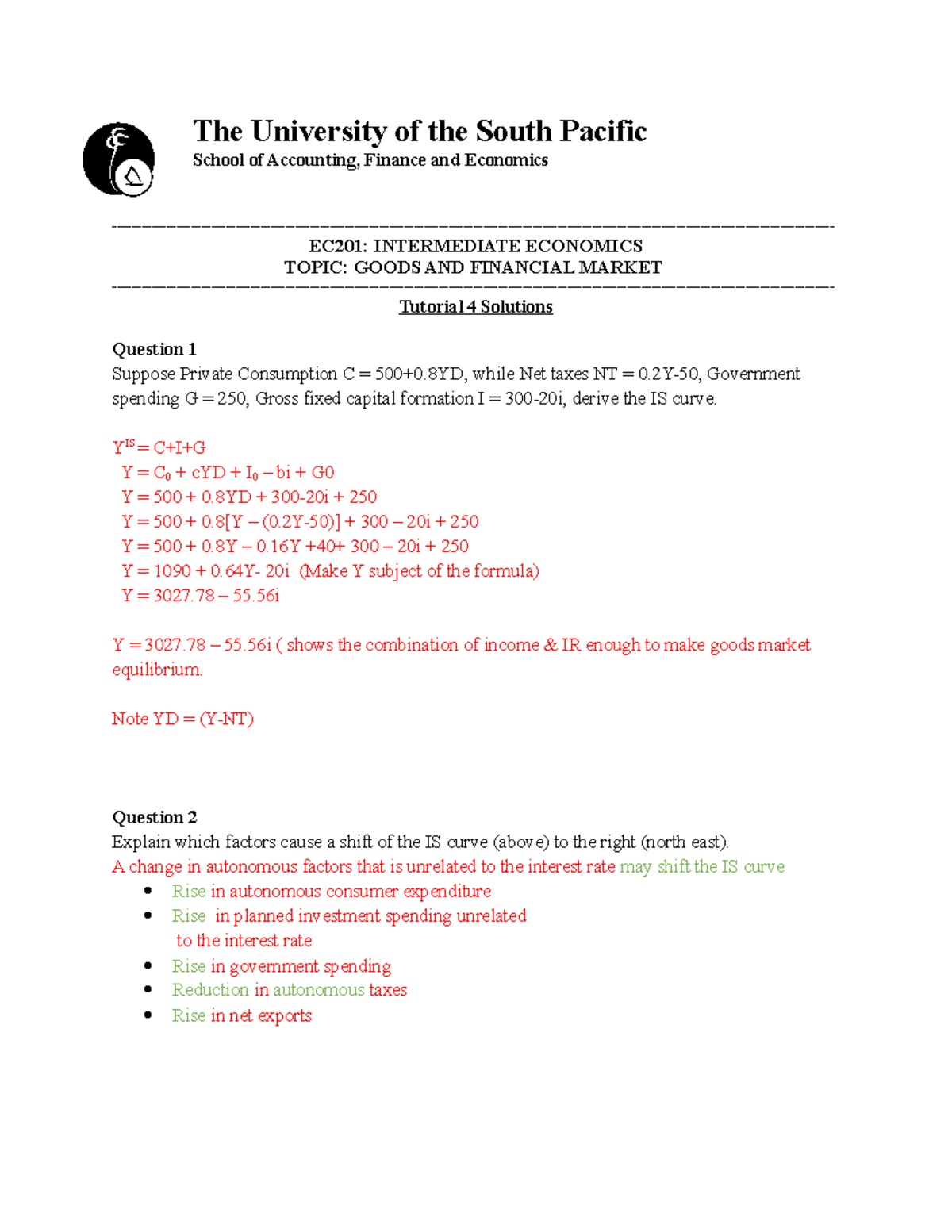 Tutorial 4 Solution Ec201 The University Of The South Pacific