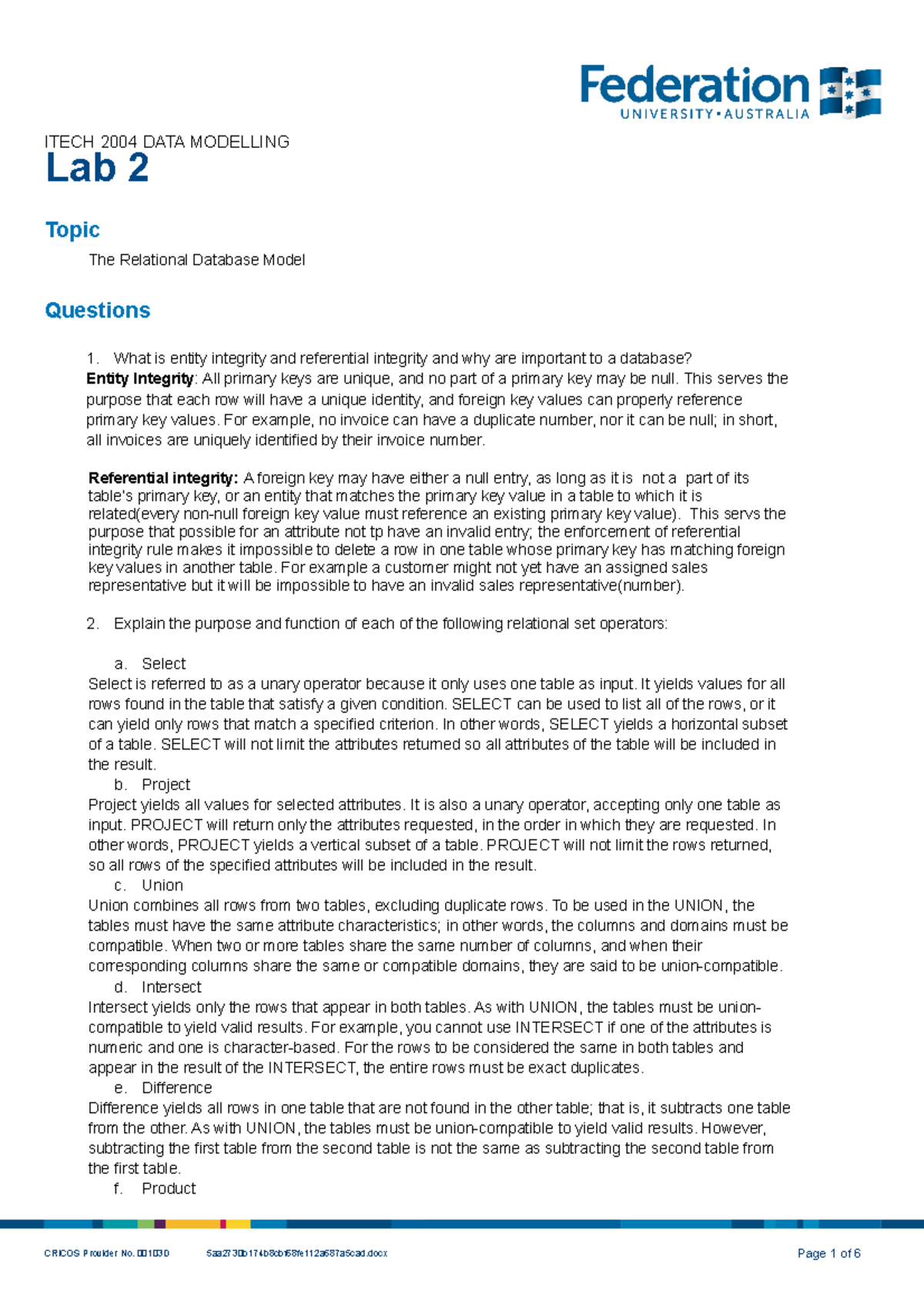 Itech 2004 02 Lab Database Itech 2004 Data Modelling Lab 2 Topic The Relational Database