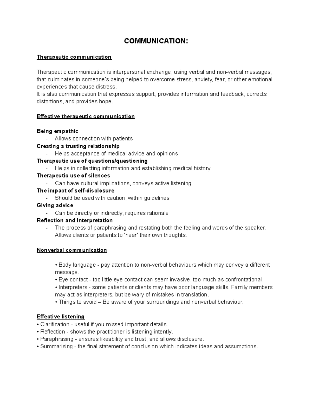 Enquiry 3 notes - COMMUNICATION: Therapeutic communication Therapeutic ...