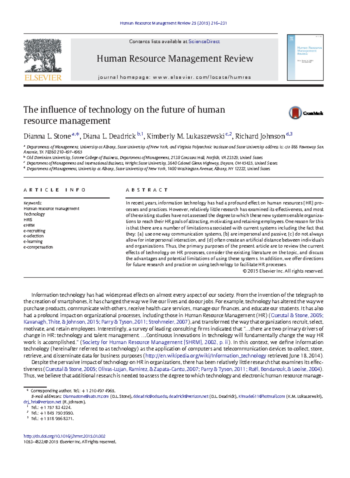 Stone et al (2015 ) HRMR, influence of technology on the future of hrm ...