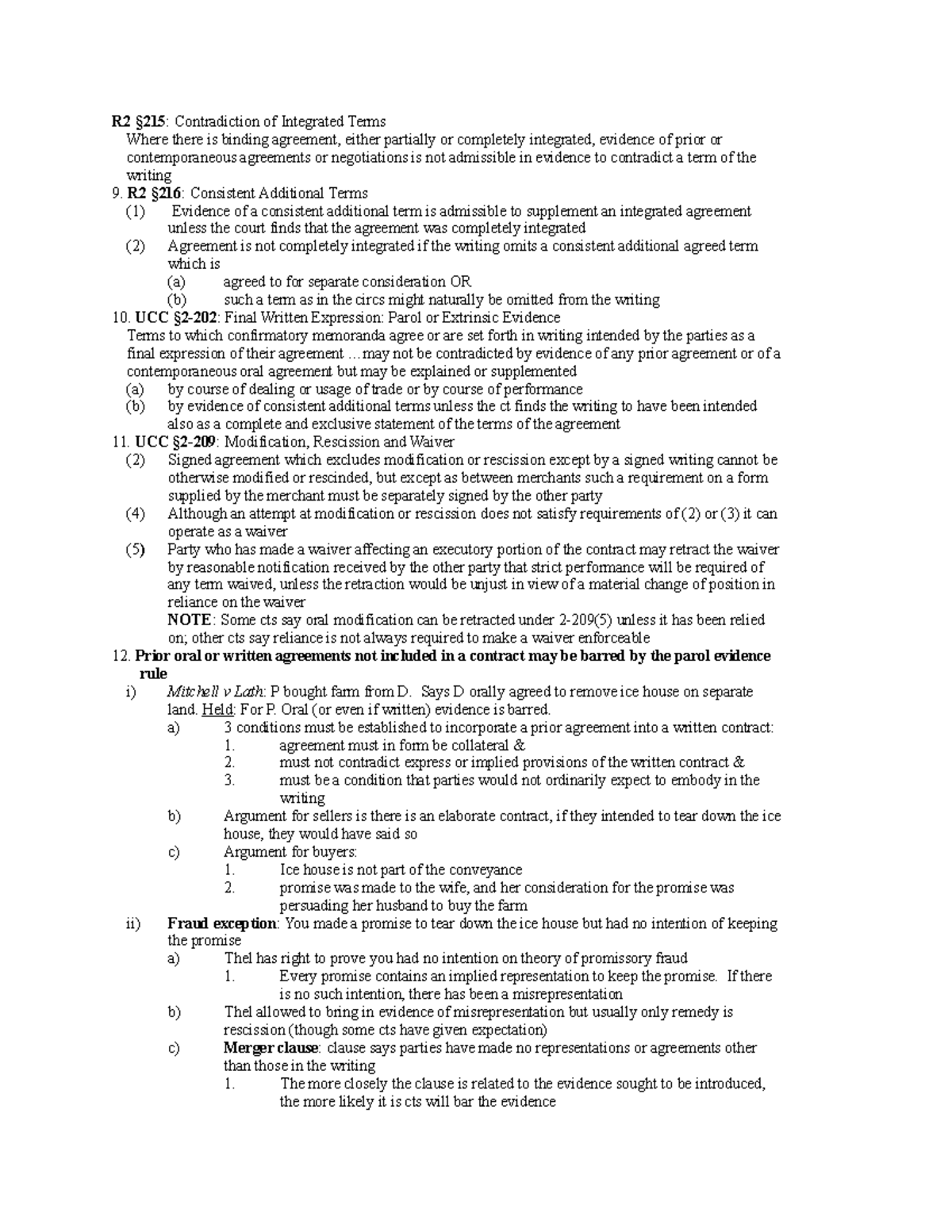 Contracts Law Outline - 1 - R2 §215: Contradiction of Integrated Terms ...