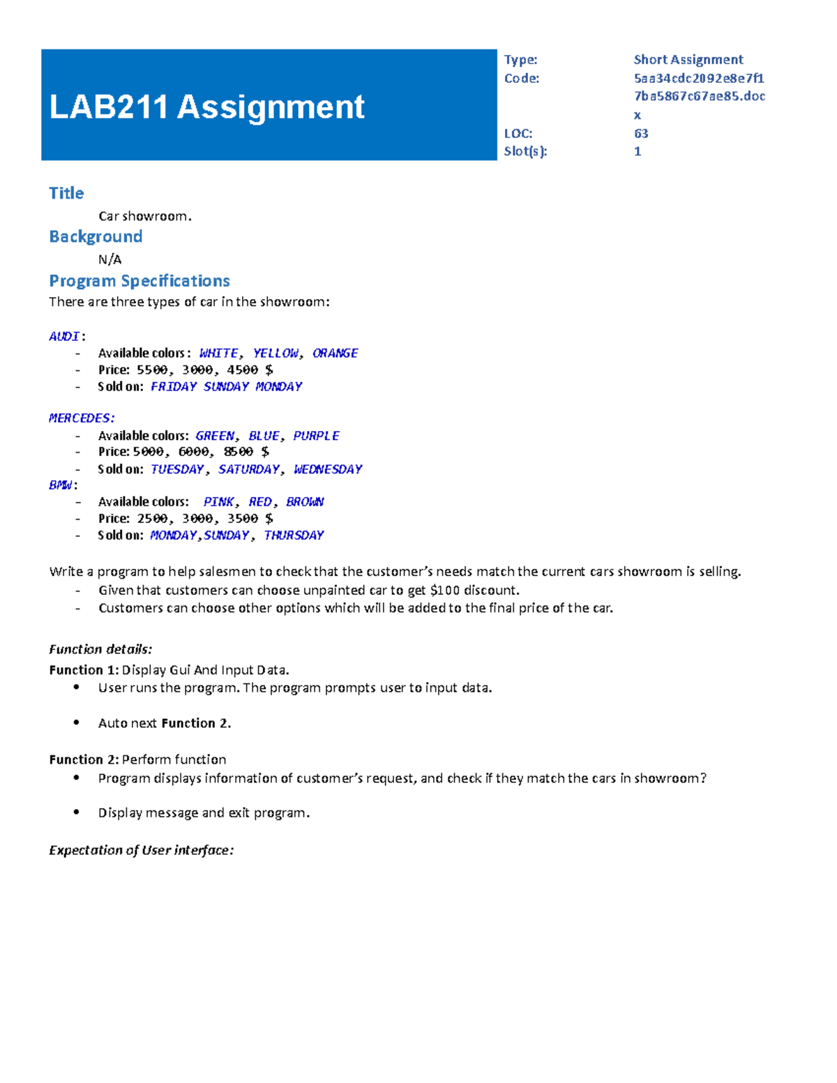 J1.S.P0066 (1) - KKK - LAB211 Assignment Type: Short Assignment Code ...
