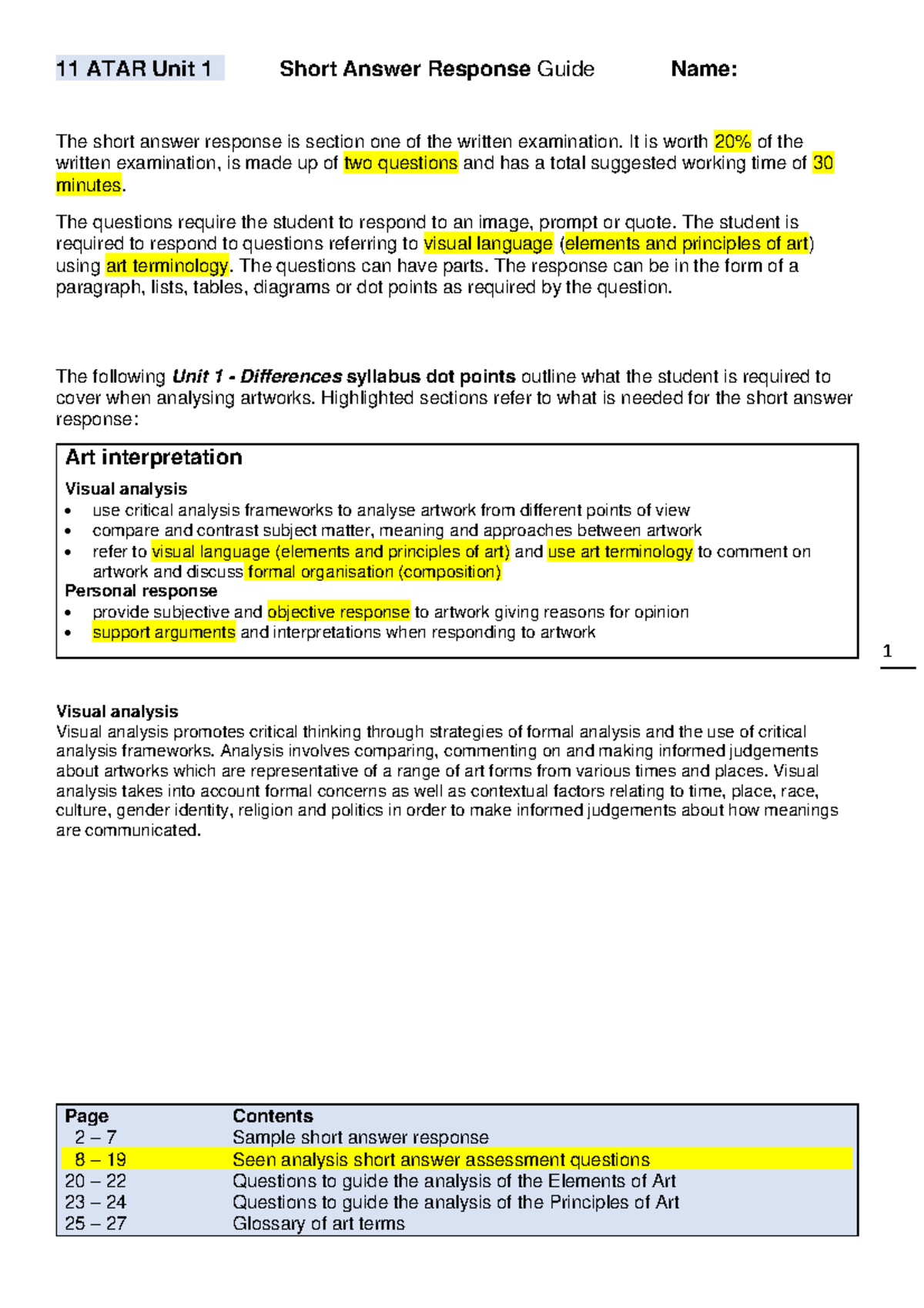 2024 11 ATAR Unit 1 Short Answer Response Guide - 1 11 ATAR Unit 1 ...