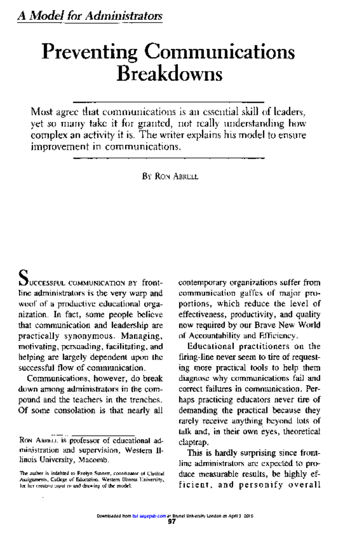 Abrell 1984 - preventing communication breakdowns - 97 A Model for Administrators Preventing ...