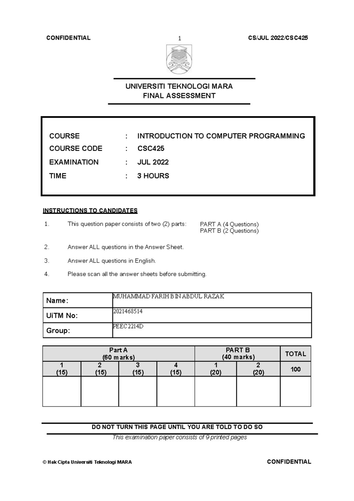 [CSC425] Final Assessment JUL 2022 - CONFIDENTIAL 1 CS/JUL 2022/CSC ...