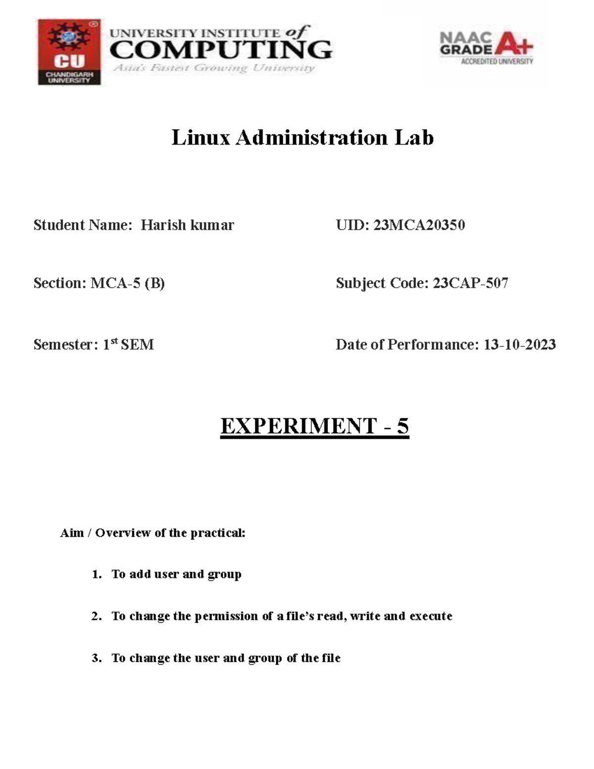 Linux Exp-5-1 - Worksheet - Linux Administration Lab Student Name ...