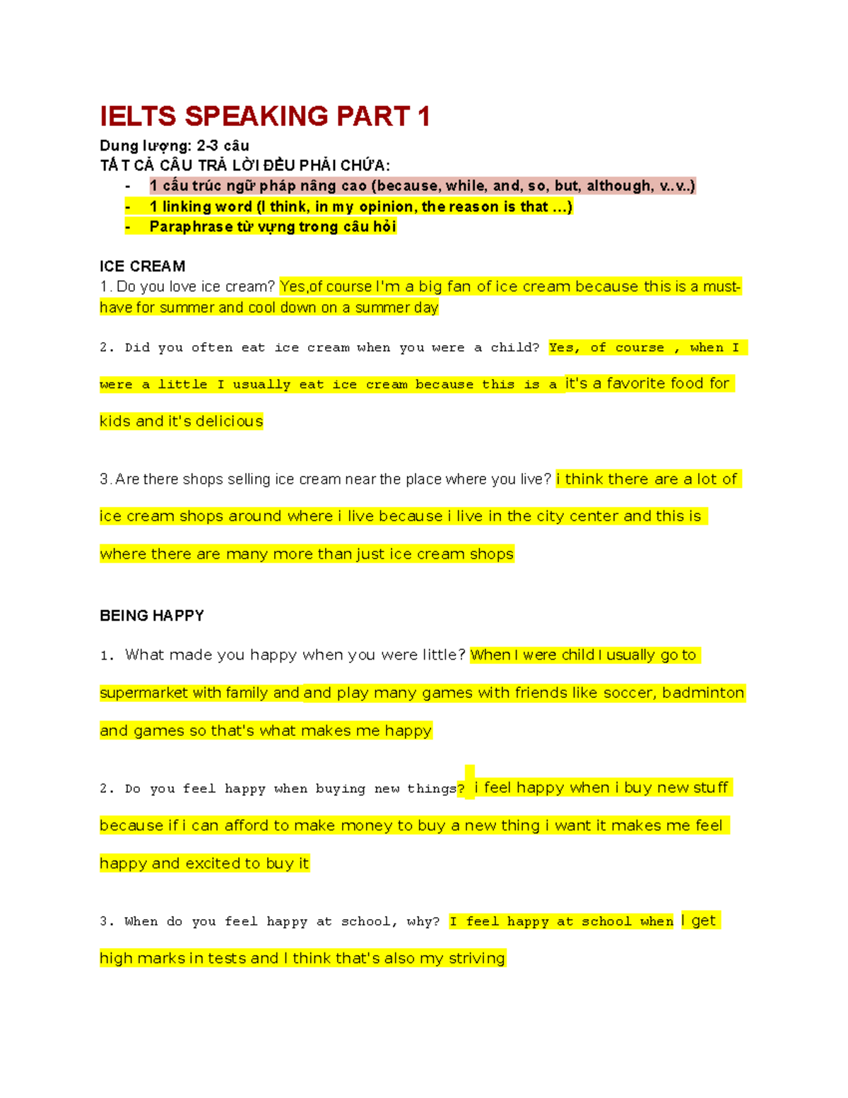 M201 Speaking Session 10 - IELTS SPEAKING PART 1 Dung lượng: 2-3 câu ...
