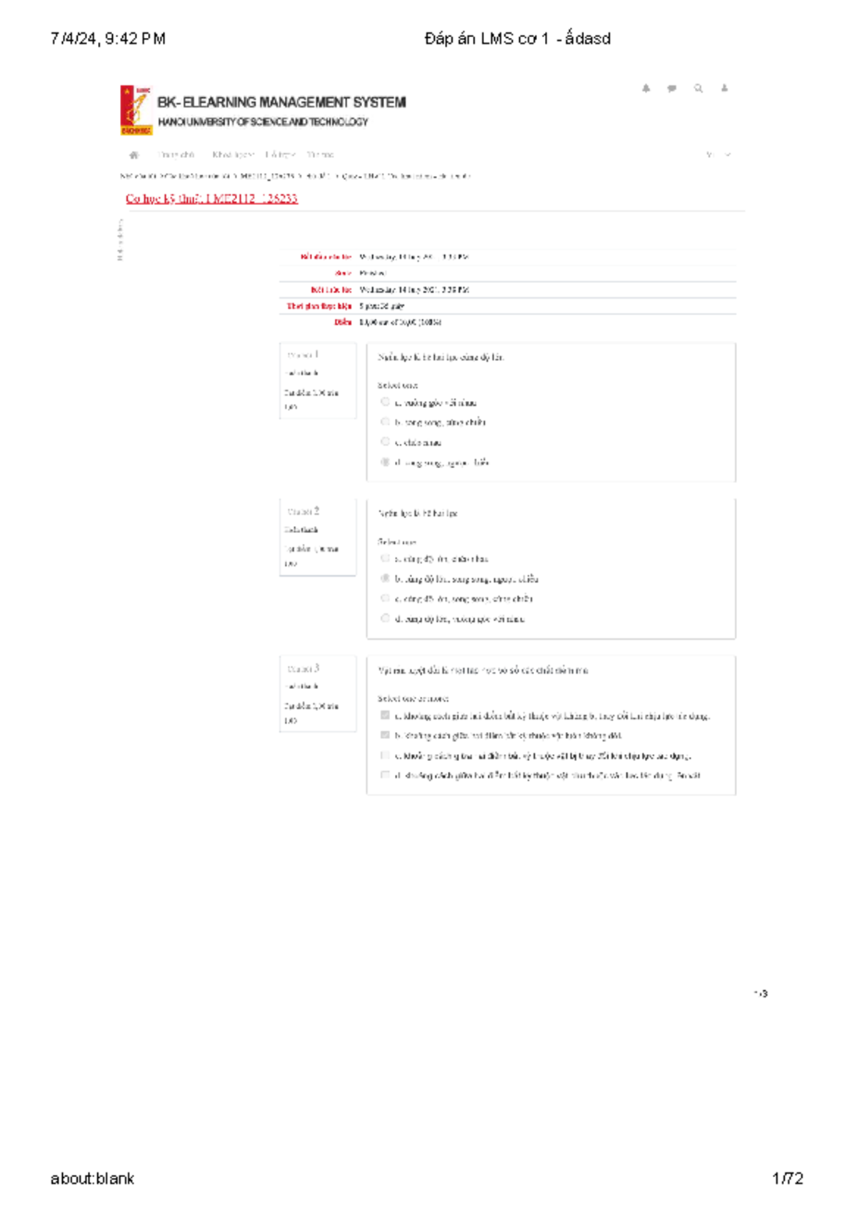 Đáp án LMS cơ 1 - ấdasd - cxcxcx - Hóa học đại cương - Studocu