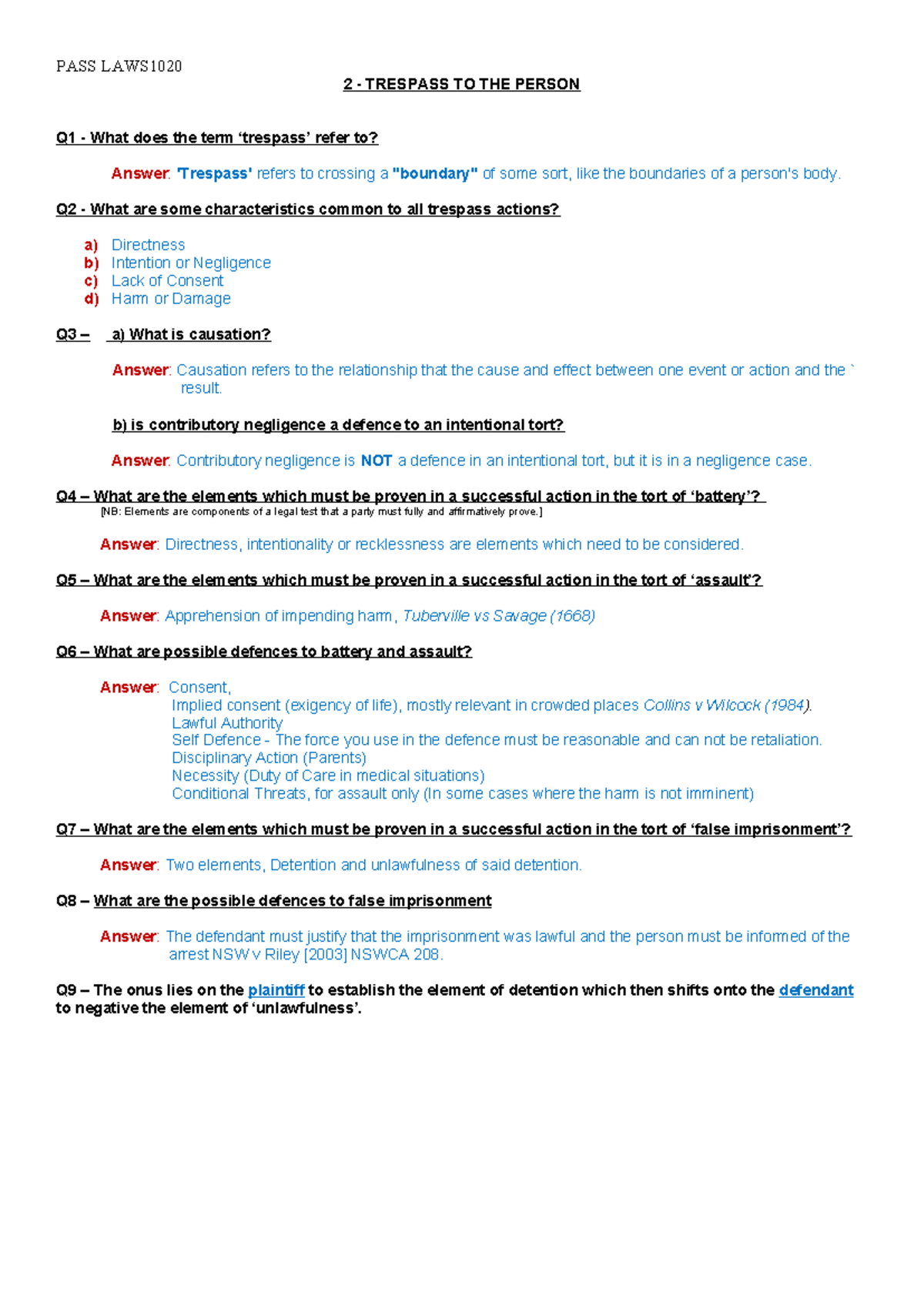 WK 3 Trespass TO THE Person - Worksheet - PASS LAWS 2 - TRESPASS TO THE ...