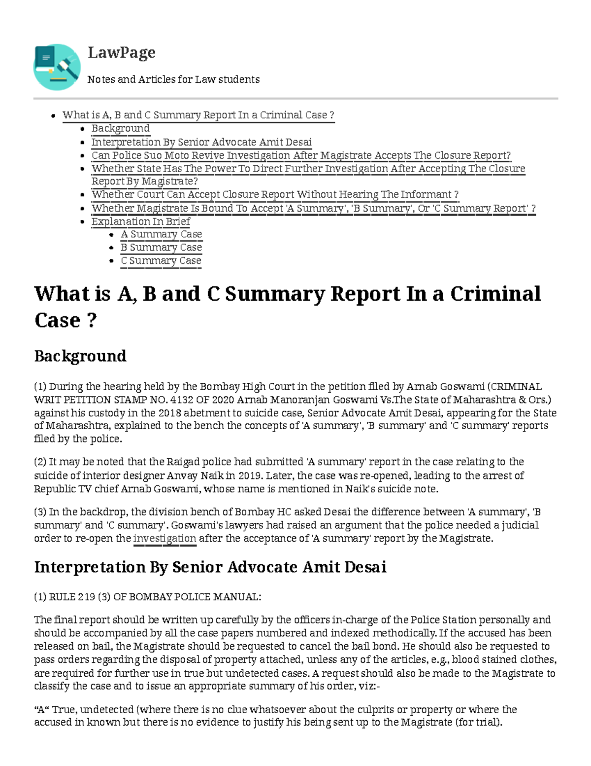 What is A, B and C Summary Report In a Criminal Case - Law Page ...