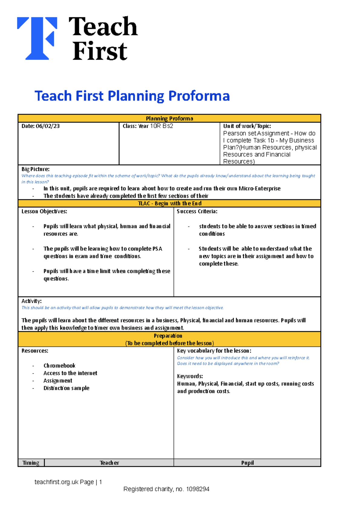 NA Lesson Plan -06 02 23 10R Bs2 - Teach First Planning Proforma ...