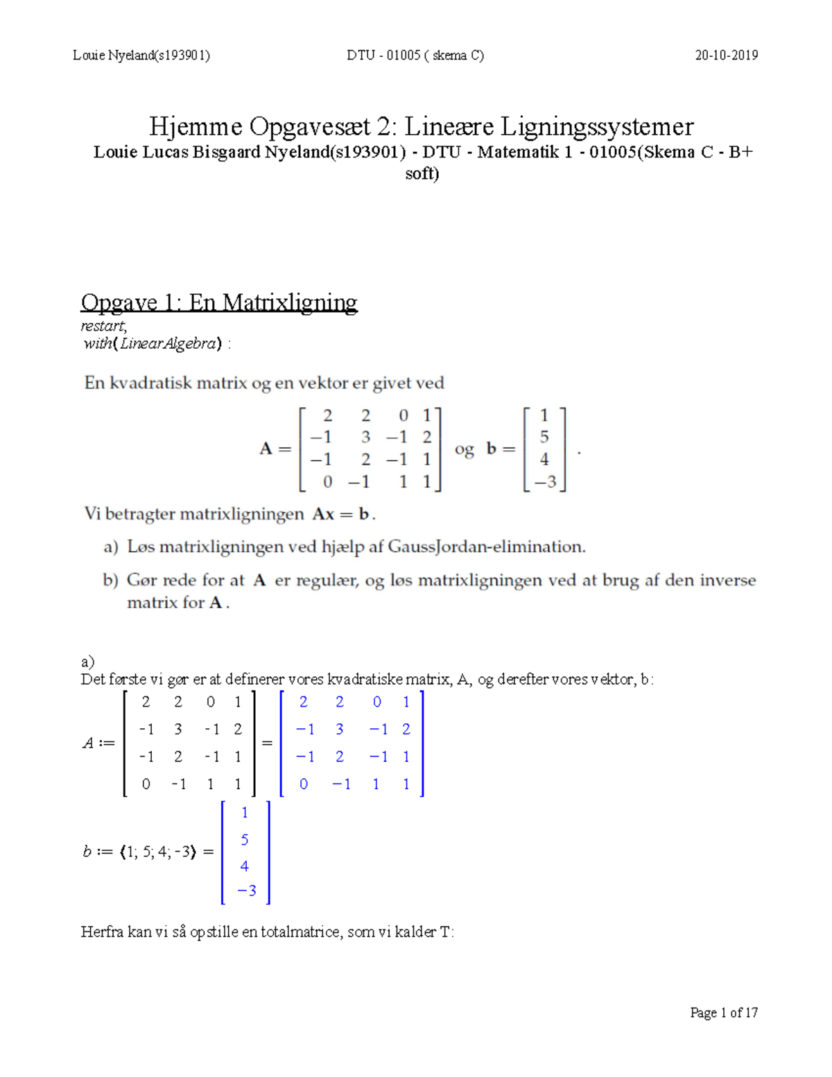 Matematik Hjemmeopgave 2 - Hjemme Opgavesæt 2: Lineære Ligningssystemer ...