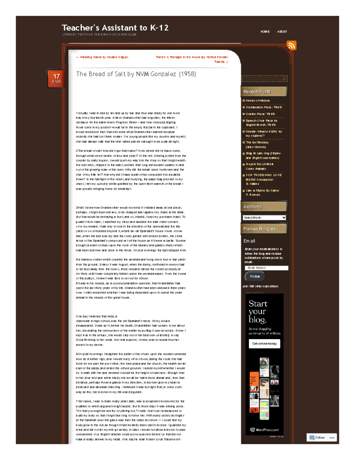 Bread of Salt NVM Gonzalez - REPORT THIS AD Recent PostsRecent Posts Words of Wisdom Declamation ...