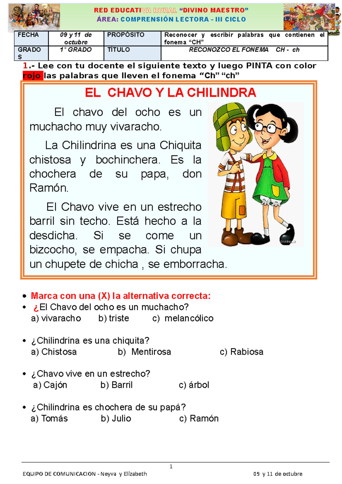 III-1G- Comun - Fonema CH- Ficha - FECHA 09 y 11 de octubre PROPÓSITO ...