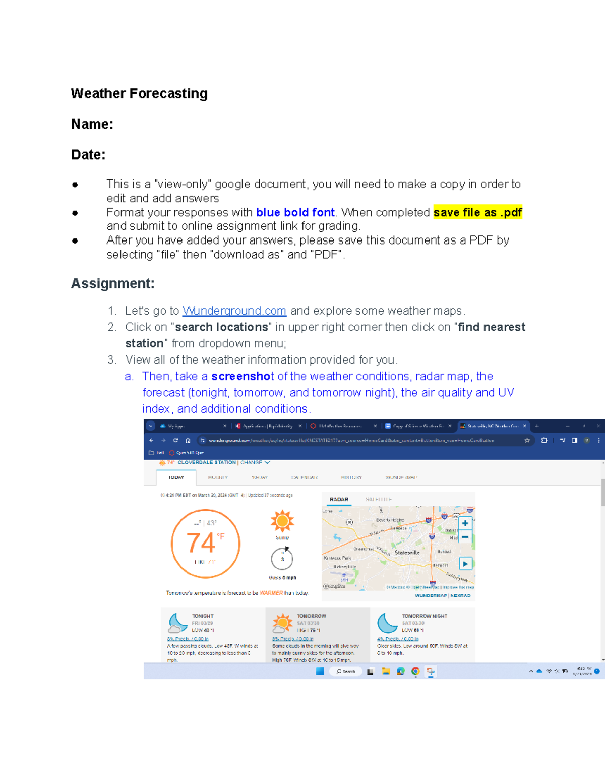 Copy of Science Weather Forecast - Weather Forecasting Name: Date: This ...
